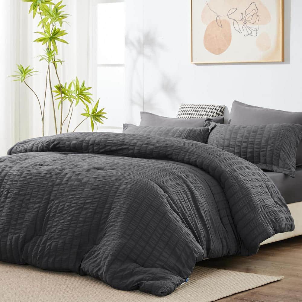 JEAREY Queen Seersucker 7-Piece Cotton Blend Comforter Set Gray PPS7J ...