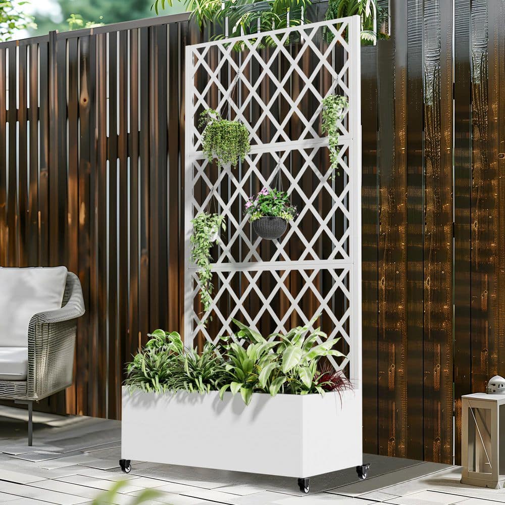 Dovelina 35 in. x 71 in. White Metal Iron Planter Box with Attached ...