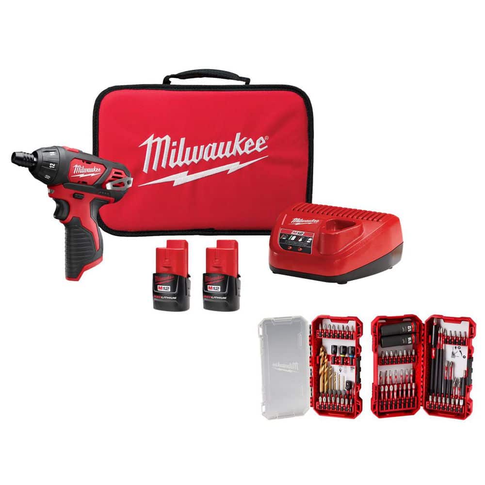 Milwaukee M12 12V 1/4 in. Hex Screwdriver Kit (2) 1.5Ah Batteries ...