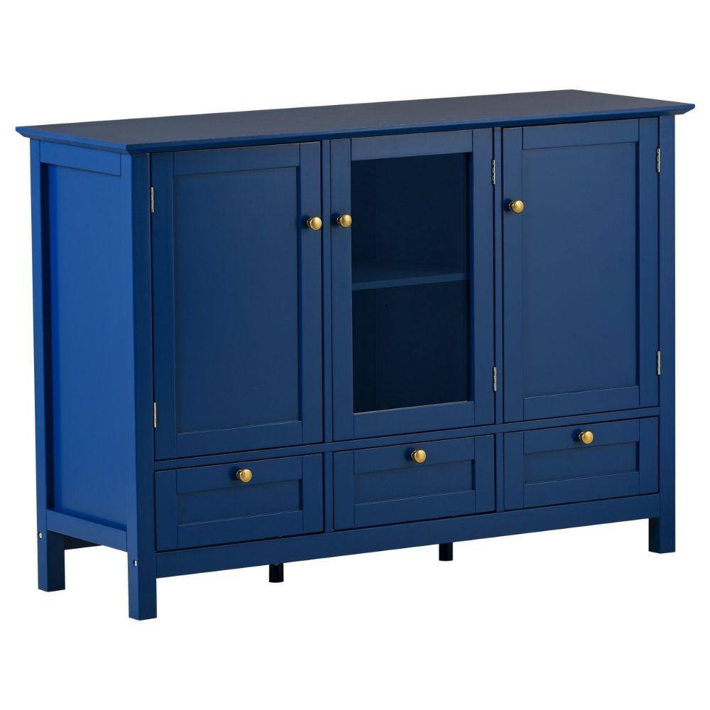 Benjara Blue Wood Top 44.9 in. Sideboard with 3 Door and Drawers ...
