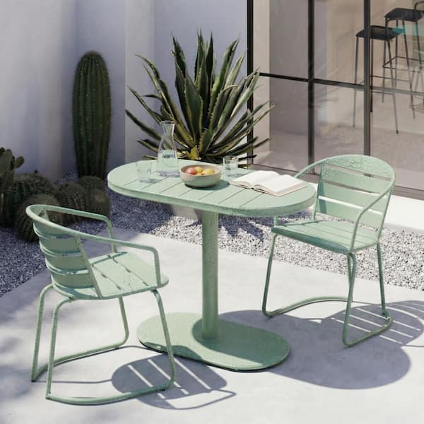 3-Piece Outdoor Patio Metal Bistro Set with Oval Table & Slat Chairs ...