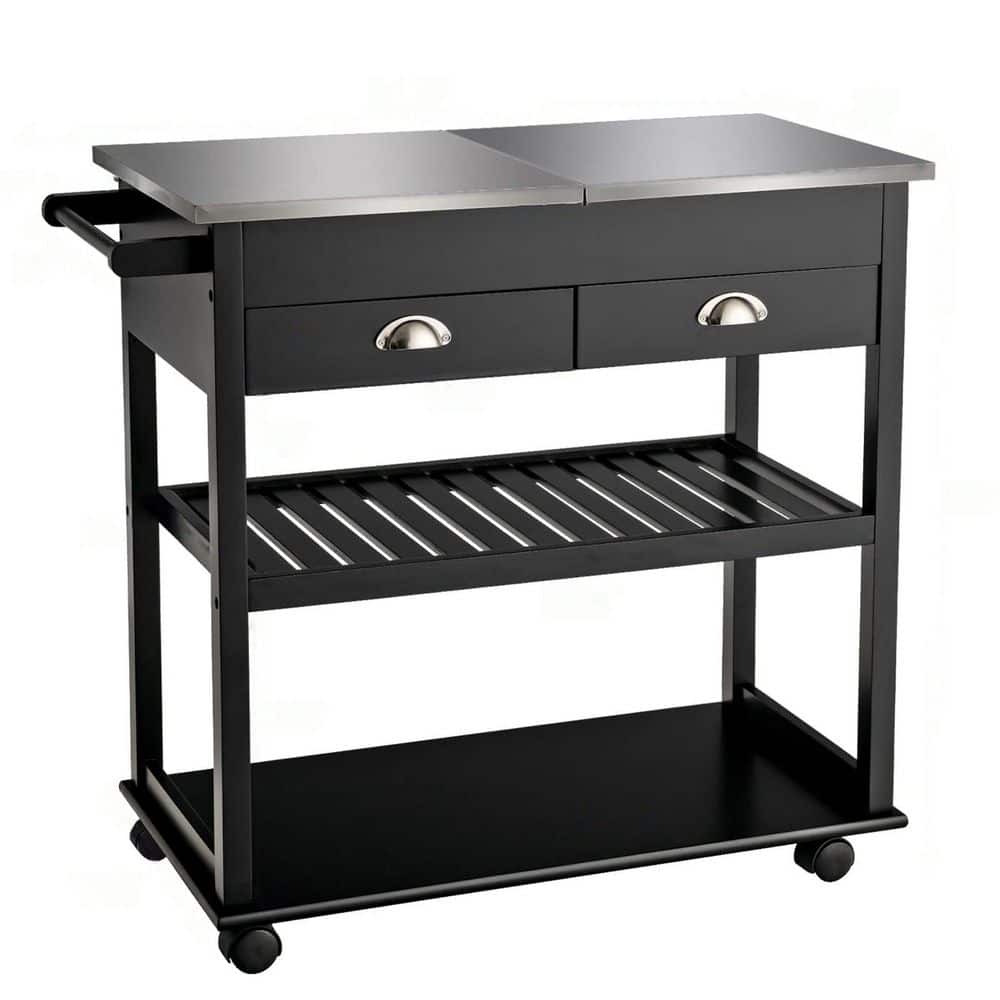 Bunpeony Black Rolling Kitchen Cart with Double-Drawer Storage and Open ...