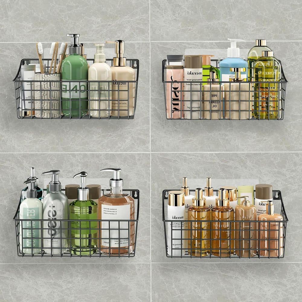 Black 13 in. x 6 in. Metal Decorative Basket (Set of 2) with 2 Adhesive ...
