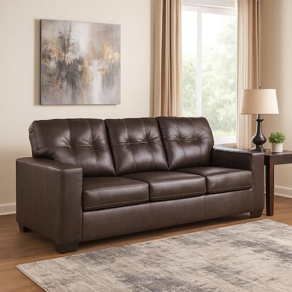 Benjara 85 in. Square Arms Leather Rectangular Upholstered Sofa in Dark ...