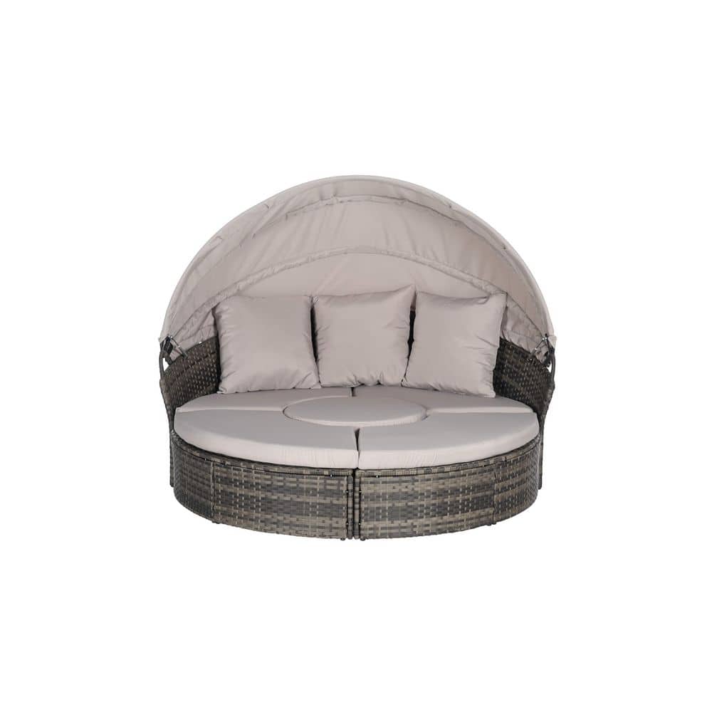 Sudzendf Gray Wicker Outdoor Patio Round Day Bed with Light Gray ...