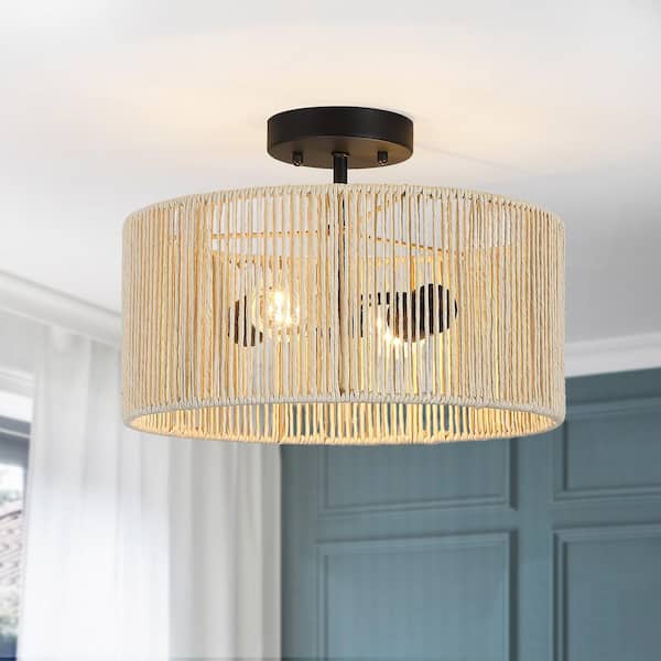 TRUE FINE Bohe 14 in. 2-Light Woven Rope Drum Semi-Flush Mount Ceiling ...