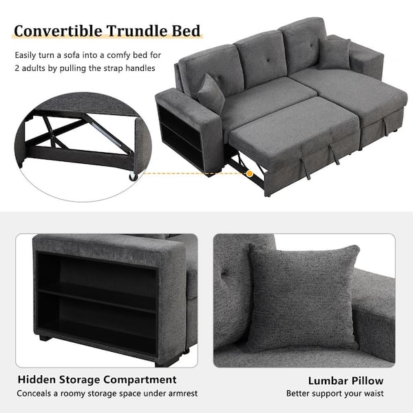 Harper Bright Designs 95 in. Blue Black Twin Size Pull Out Sofa Bed with Side Shelf and 2 Stools Corner Sectional Sofa with Storage Chaise CJ075AAB The Home Depot
