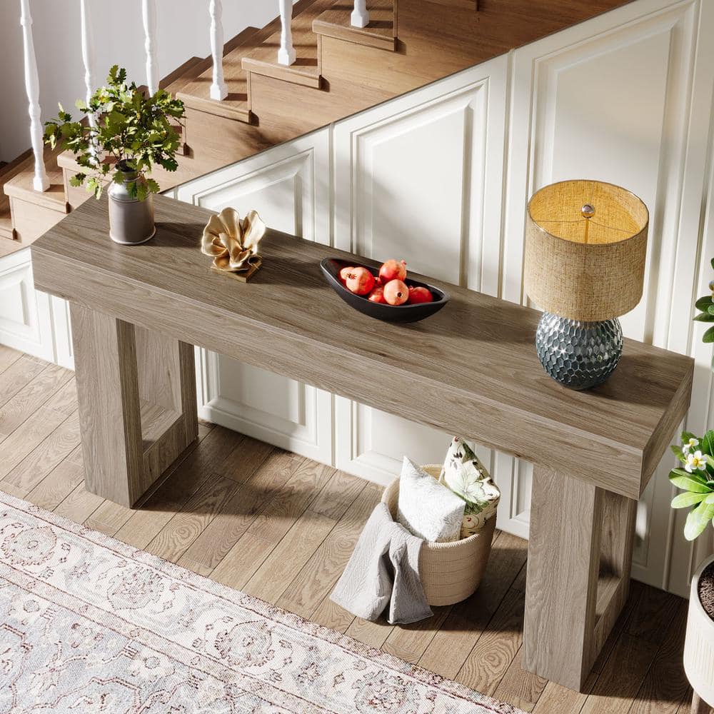 BYBLIGHT Turrella 63 in. Rustic Grey Sofa Table Rectangle Wood Console ...