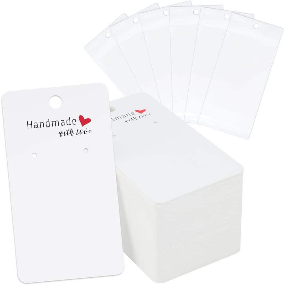 100-Piece Earring Display Cards with Bags 2 x 3.5 in. White Handmade ...