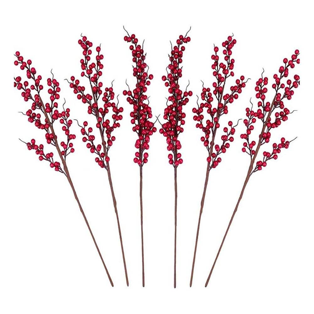 25.2 in. Red Artificial Holly Berry Stems Christmas Foliage Faux Plant ...