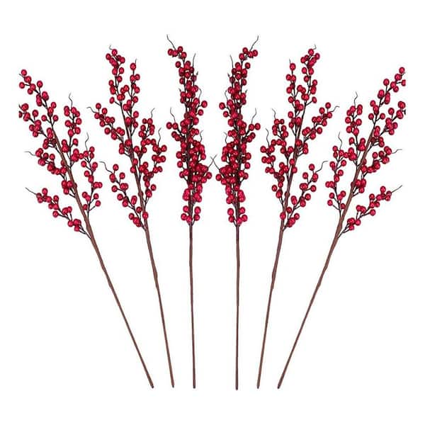 25.2 in. Red Artificial Holly Berry Stems Christmas Foliage Faux Plant ...