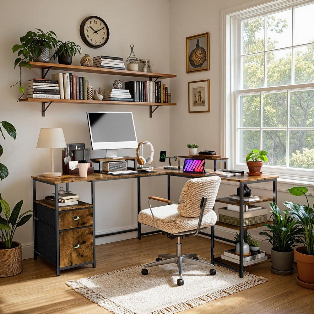LACOO 66 in. L Shaped Rustic Brown Large Corner Computer Desk with ...