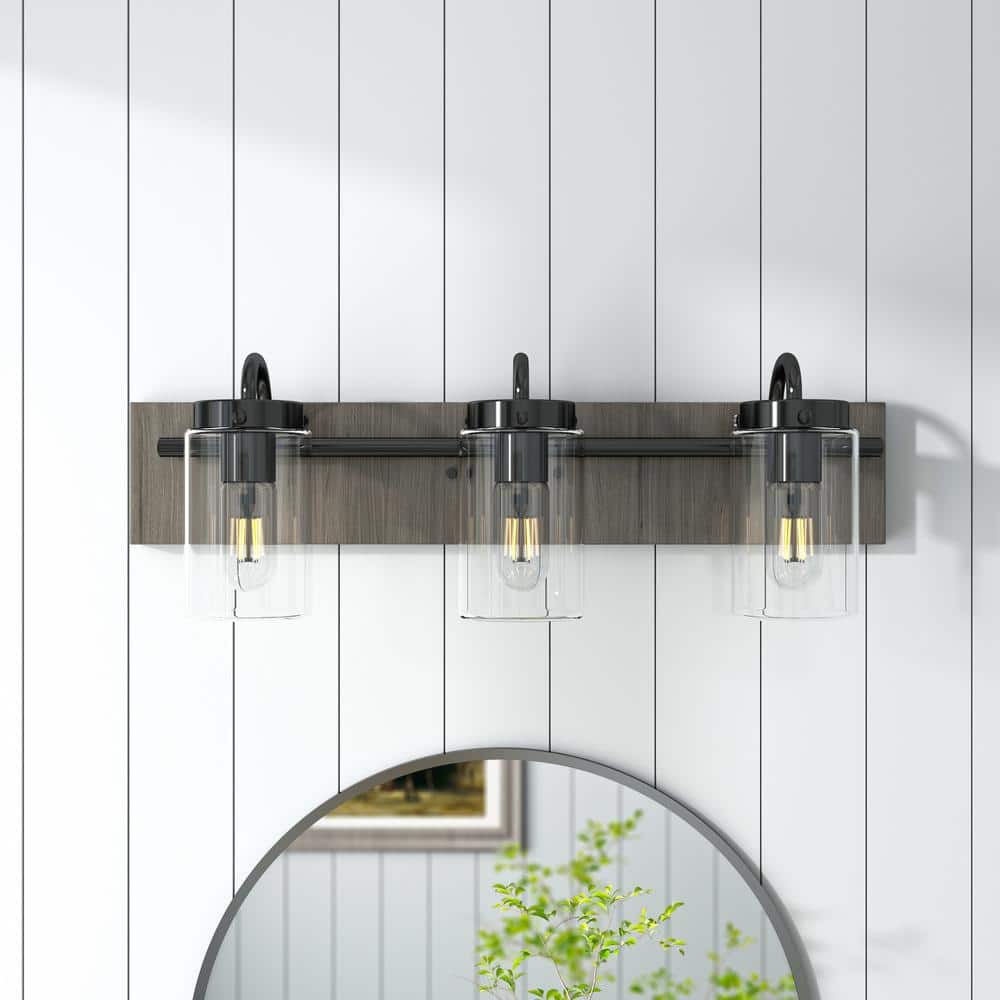 LANSEKI Woodville 24 in. Farmhouse 3-Light Matte Black/Vintage Oak ...