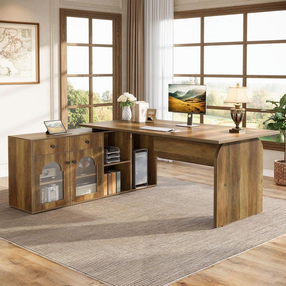 BYBLIGHT Capen 70.5 in. Brown Wood L-Shaped Executive Desk with Cabinet ...