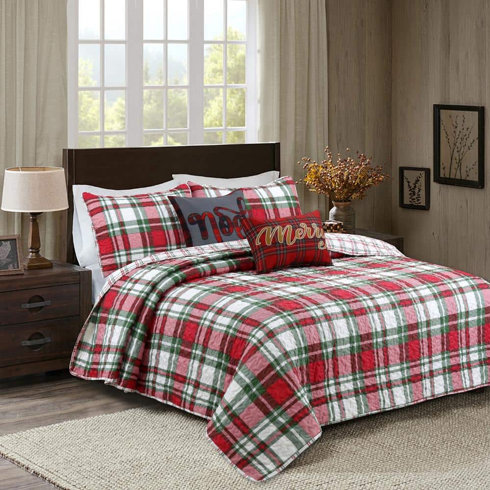 Harper Lane Carol Plaid 4-Piece Red Microfiber Twin Quilt Set 17266 ...