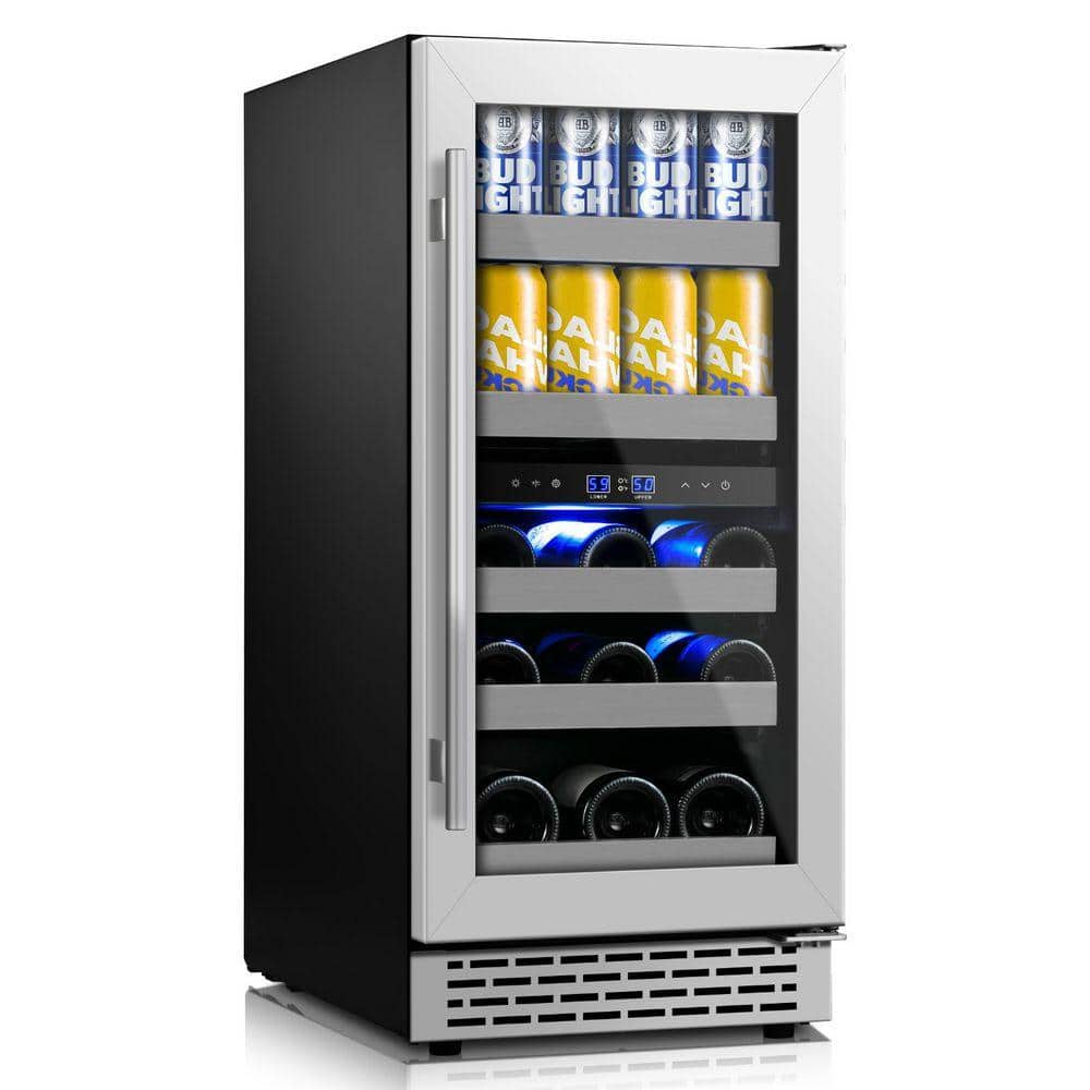 VINECOLD 15 in. Dual Zone 13-Wine Bottles and 48-Cans Wine and Beverage ...