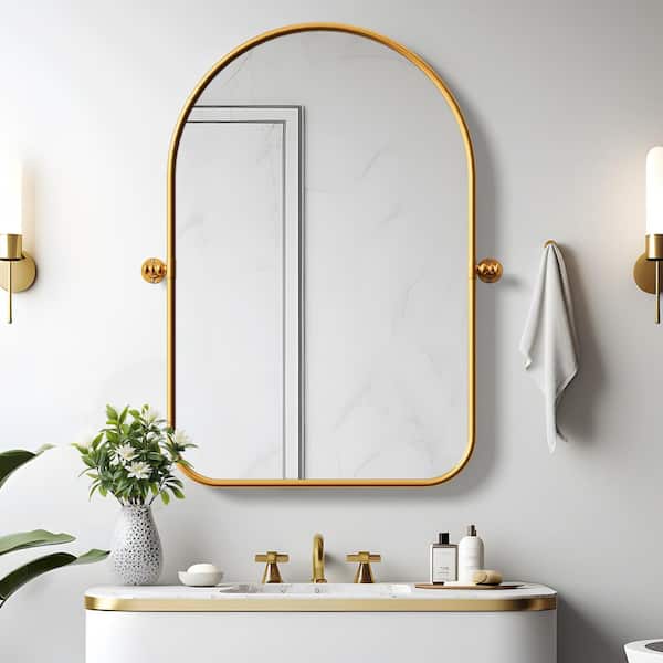 Wooakway Gold 1-Piece 24 in. W x 36 in. H Arch Metal Accent Wall Mirror ...