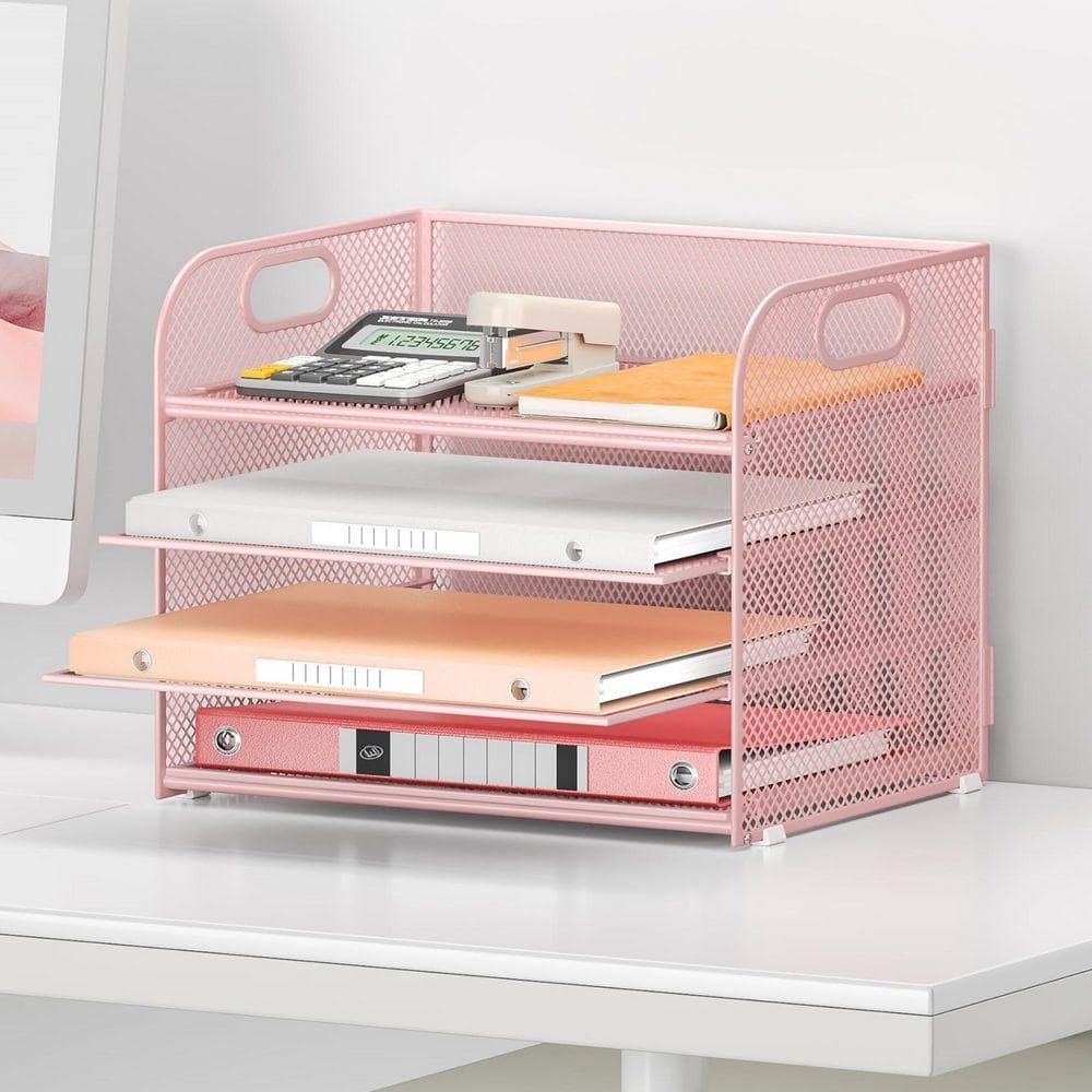 12.6 in x 10.3 in Pink Metal 4-Tier Paper Organizer Trays, Mesh File ...