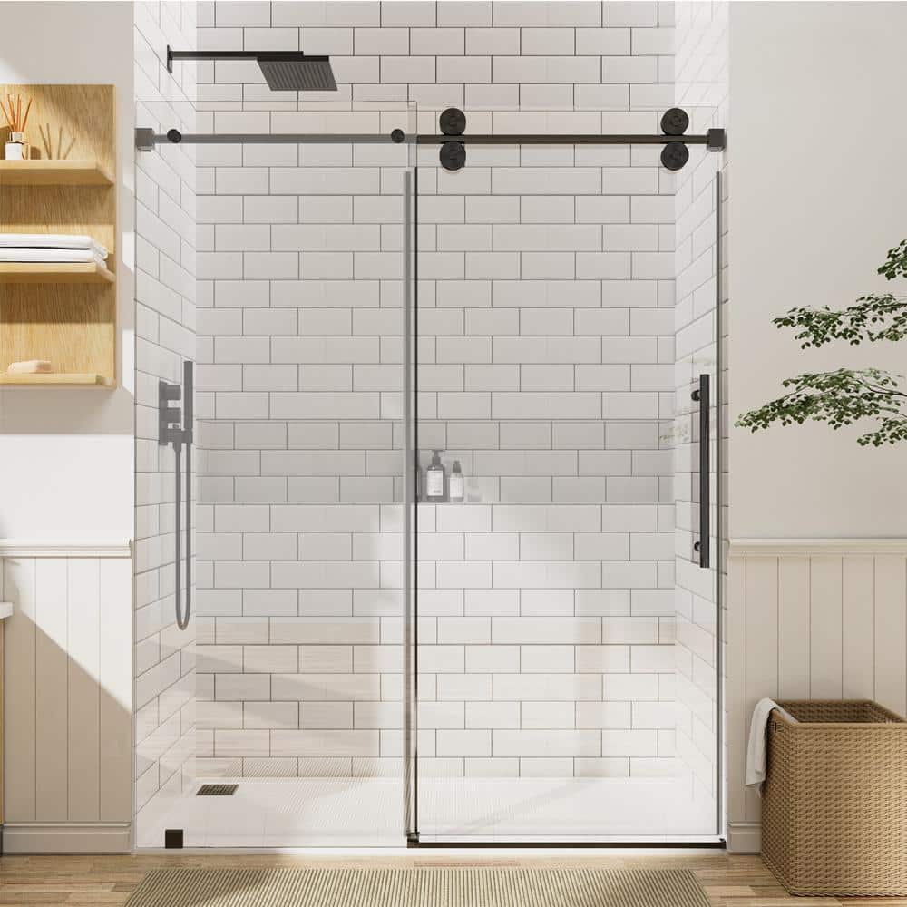NANAWO 60 in. W x 76 in. H Single Sliding Frameless Shower Door in Matte Black with 3/8 in ...