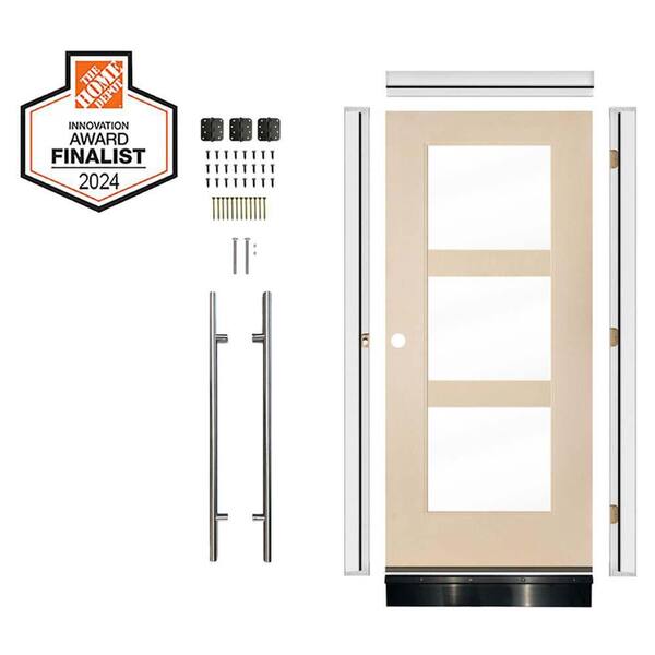 Faux Pivot 36 in. x 80 in. 3-Lite Right-Hand Clear Glass Unfinished Fiberglass Front Door Kit w ...