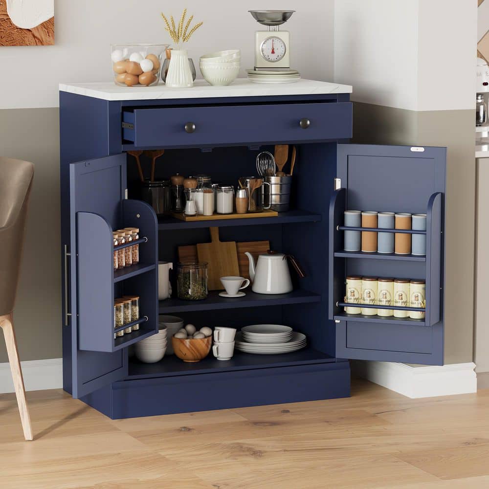 3-Shelf Blue Wood Freestanding Kitchen Pantry with Drawer, 2 Adjustable ...