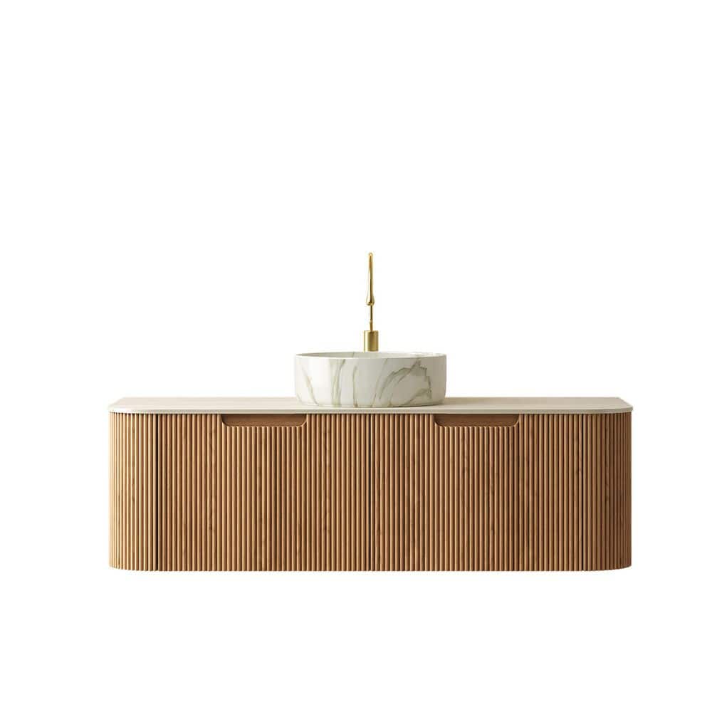 TCYO 48 in. Wall-Mounted Natural Wood Bath Vanity with Beige Sintered ...