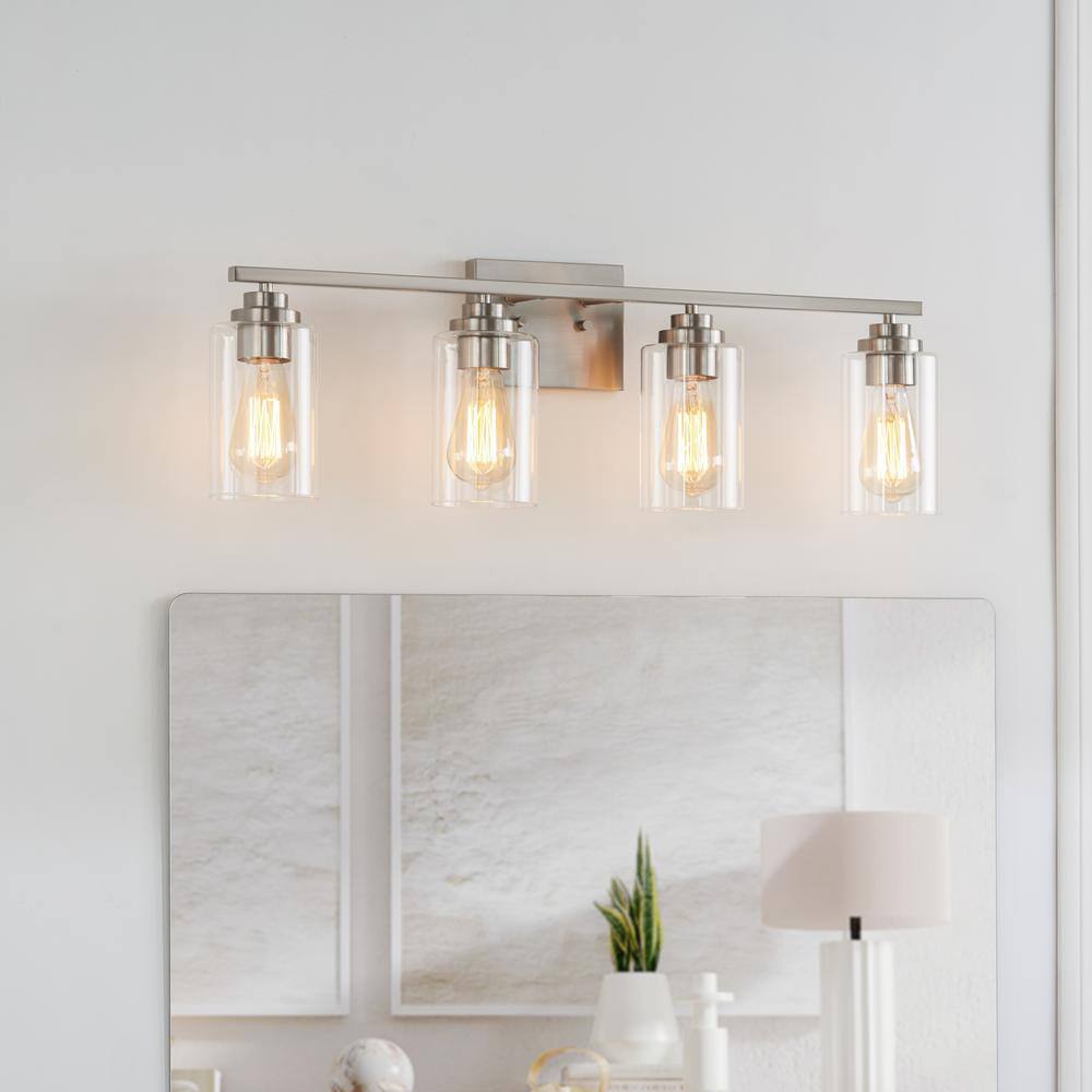 KAWOTI 30 in. 4-Light Brushed Nickel Vanity Light with Clear Glass ...