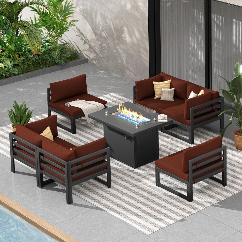 Outdoor 7-Piece Gray Aluminum Patio Conversation Set Fire Pit Patio ...
