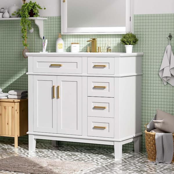 Bezeit 36 in. Single Sink White Bath Vanity with White Ceramic Top ...