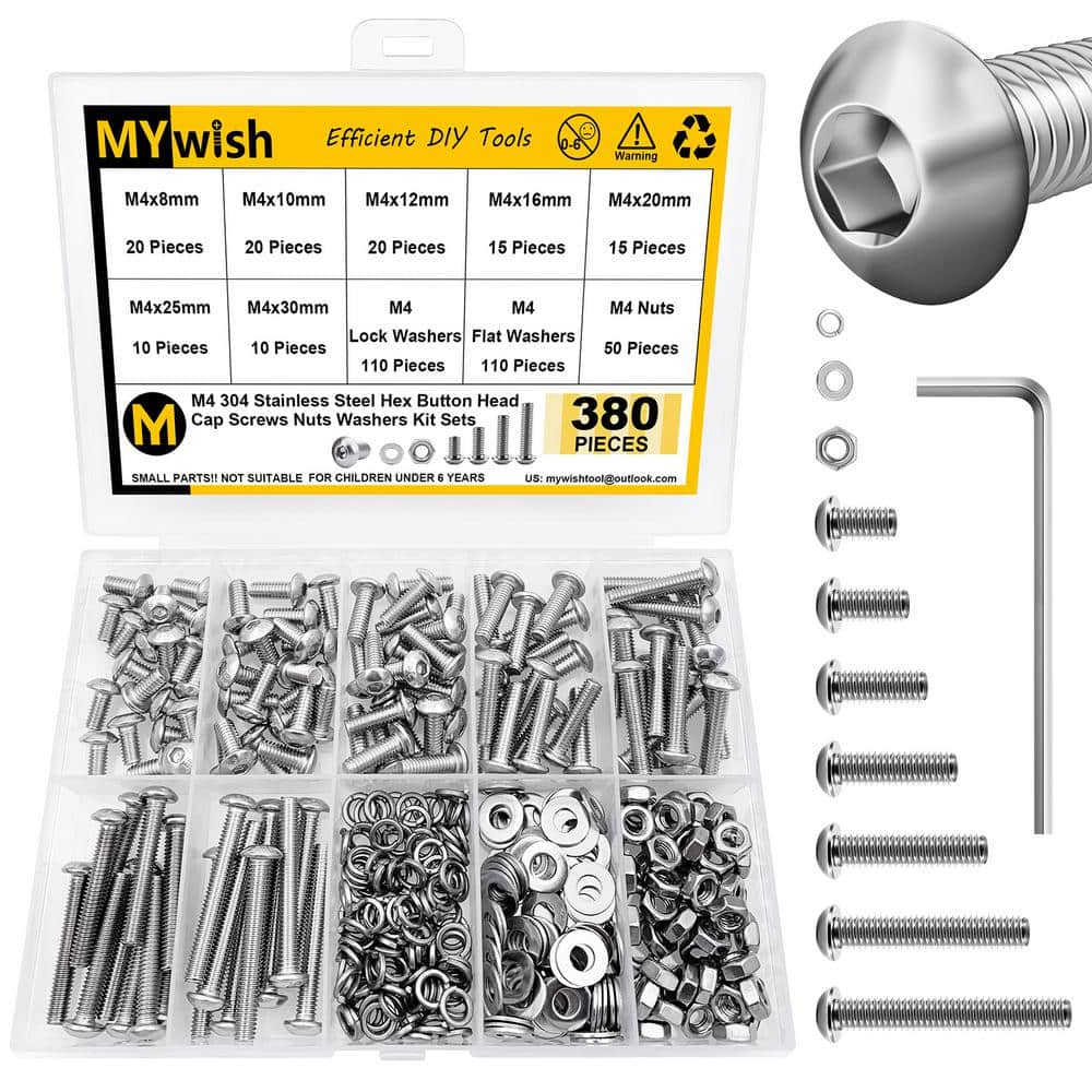 MYWISH 380-Pieces M4 Screw Nuts & Bolts Assortment Kit 304-Stainless ...