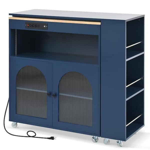33.22 in. Rubberwood Blue Kitchen Cart with Cabinets, LED Lights, Power ...