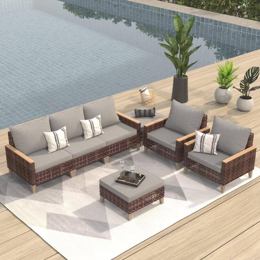 Zeus & Ruta 7-Pieces Brown Wicker Outdoor Sectional Sofa with Ottomans ...