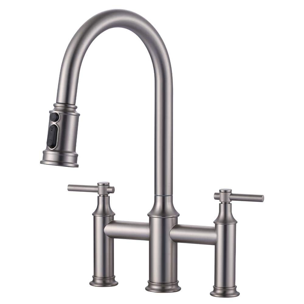 WOWOW Double Handle Bridge Kitchen Faucet with 3-Spray Patterns and 360 ...