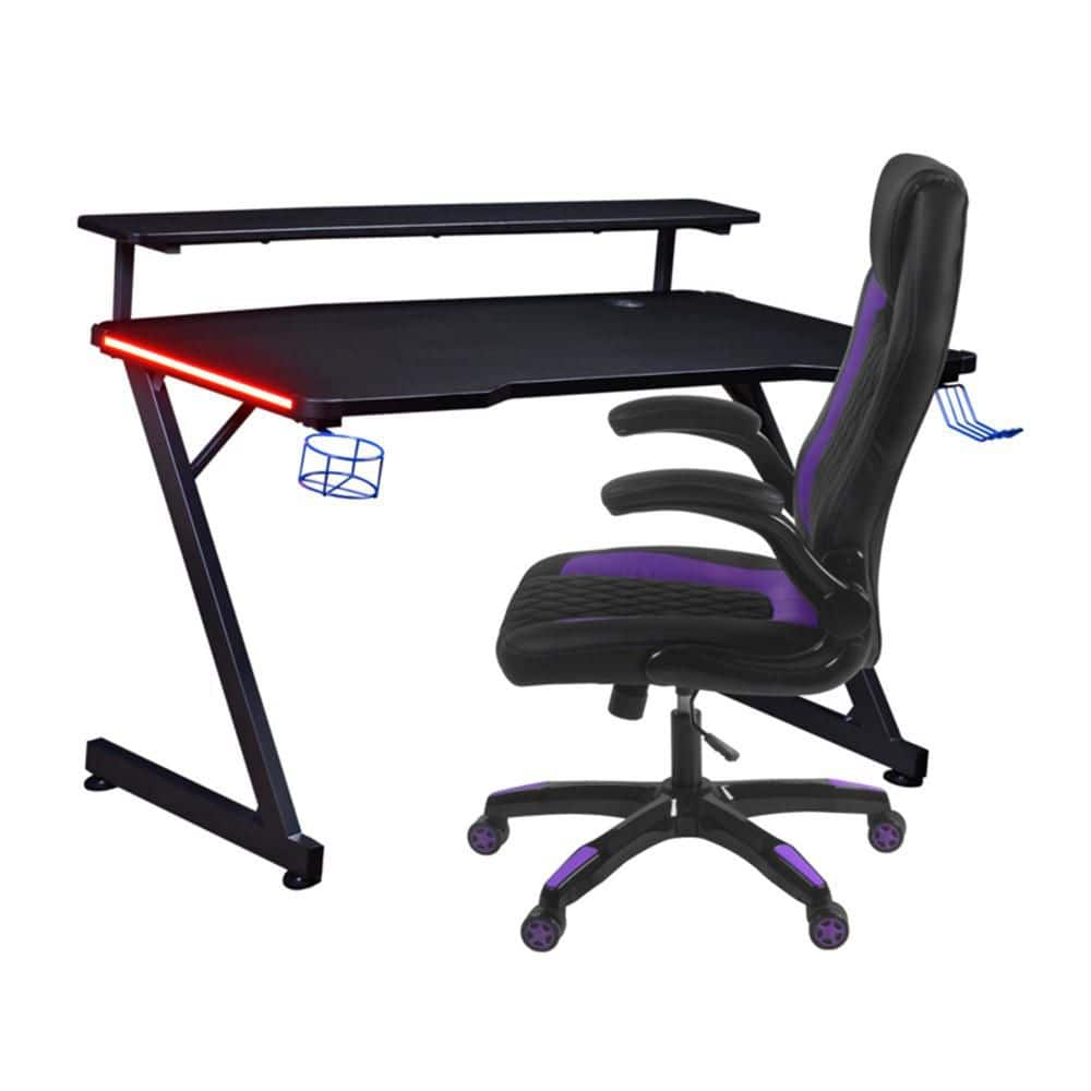 AON 48 in Black/ Purple LED Carbon Fiber Gaming Desk with Riser Shelf ...