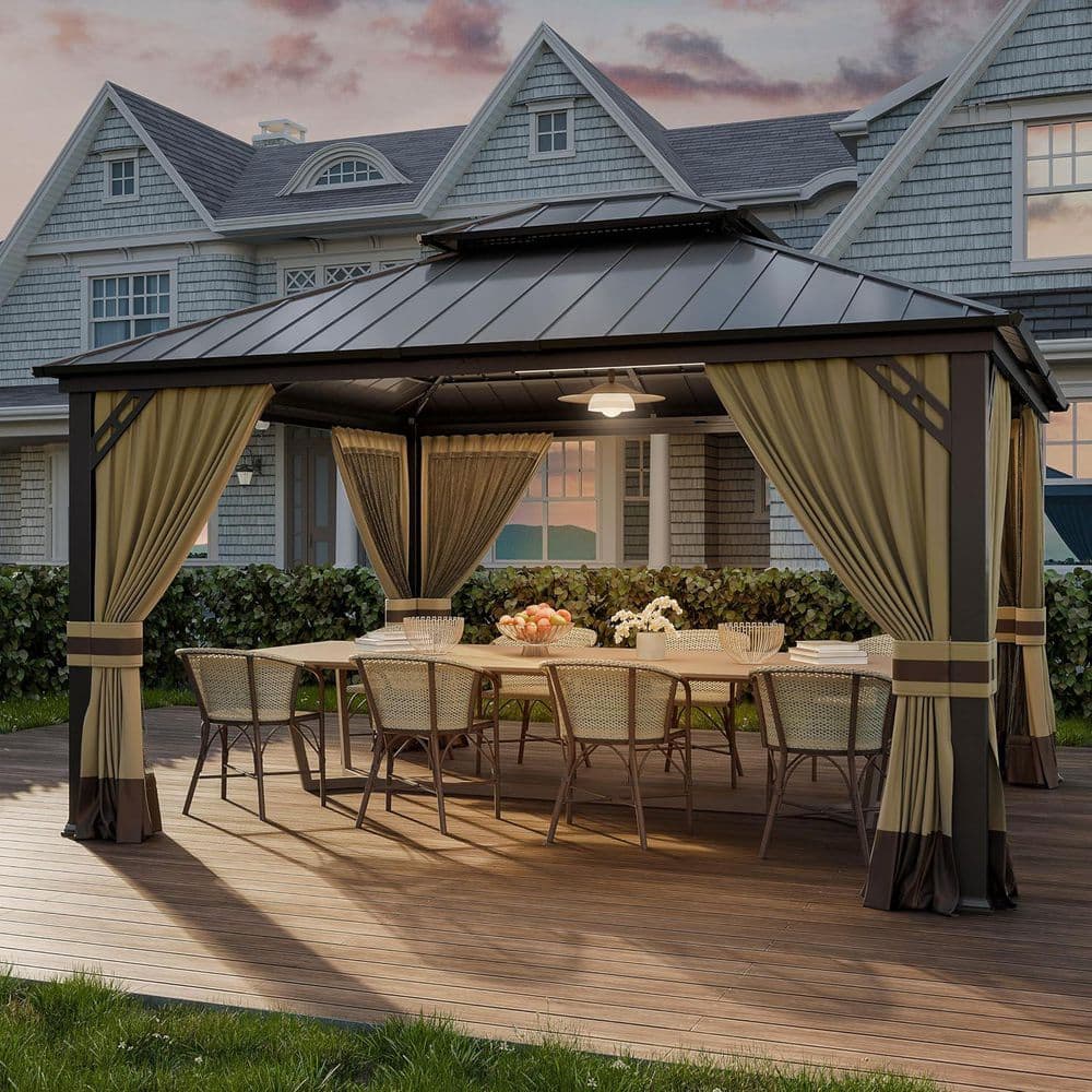 Halmuz 12 ft. x 14 ft. Gray Metal Hardtop Gazebo with Double Roof ...