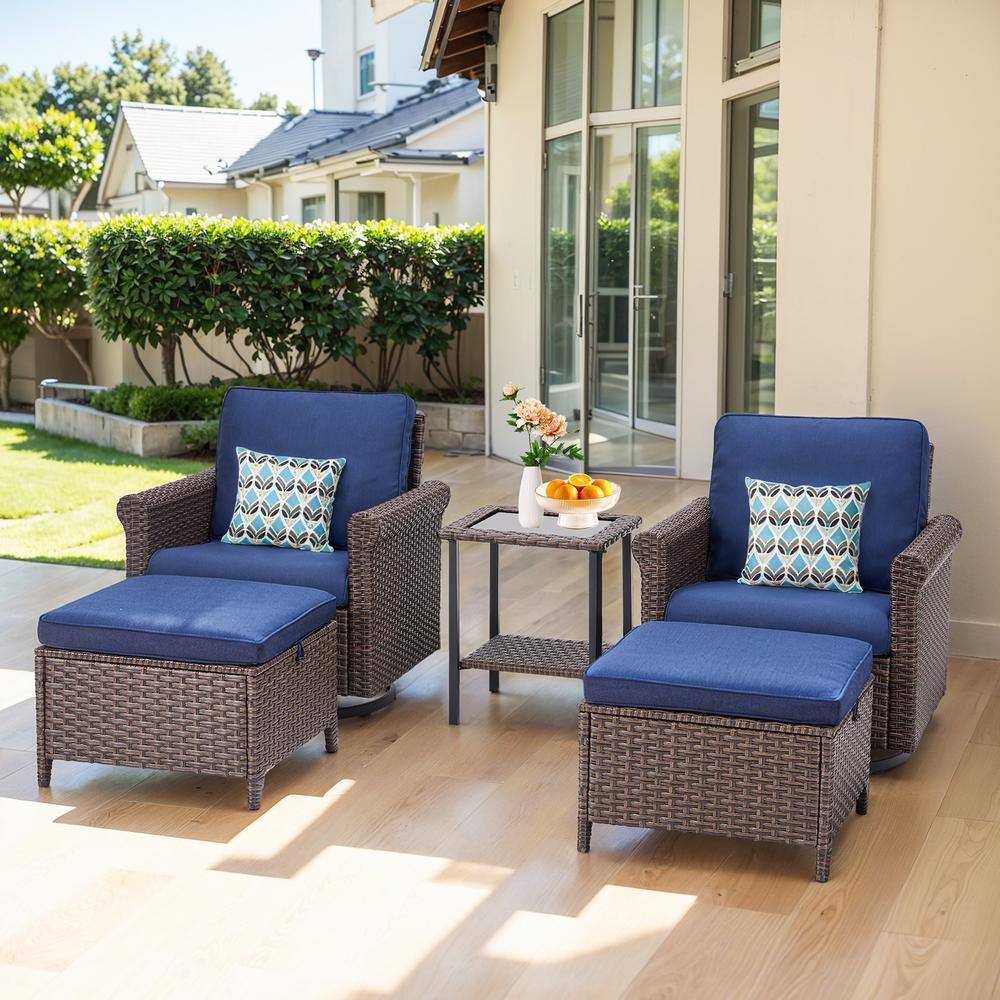Nyajiah 5-Piece Wicker Patio Conversation Set with Blue Cushions ...