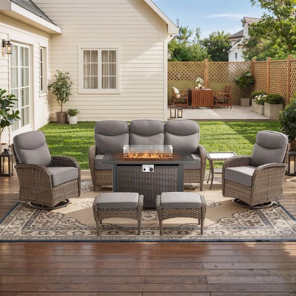 moosprr Moonridge 7-Piece Brown Wicker Fire Pit Conversation Set with 6 ...
