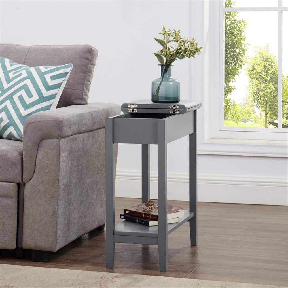 MAYKOOSH Gray 1-Drawer Narrow End Table with Storage, Nightstand Flip ...