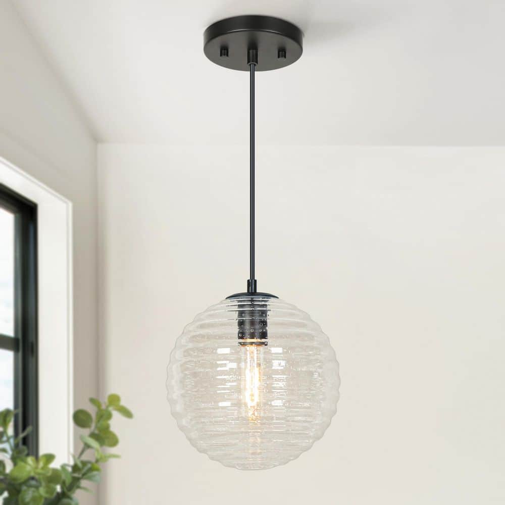 Zevni Modern 1-light Matte Black Pendant Light with Striped Seeded ...