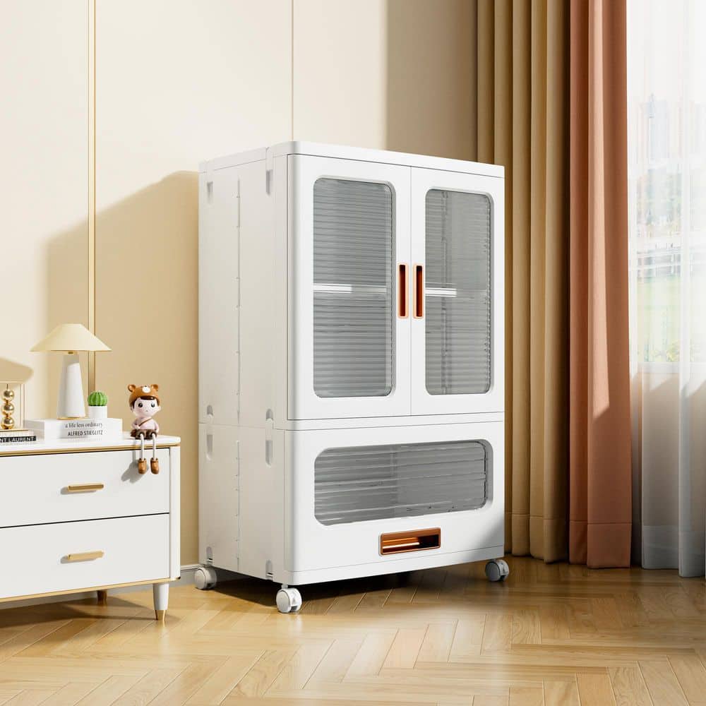 VECELO 33.27 in. Stackable Accent Storage Cabinet with Doors and Wheels ...