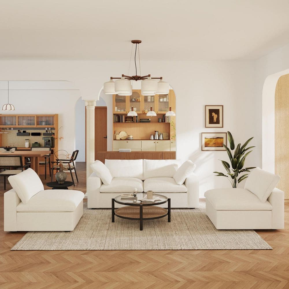 Magic Home 4-Piece Cloud Couch Set Down Filled White Linen Sofa and ...