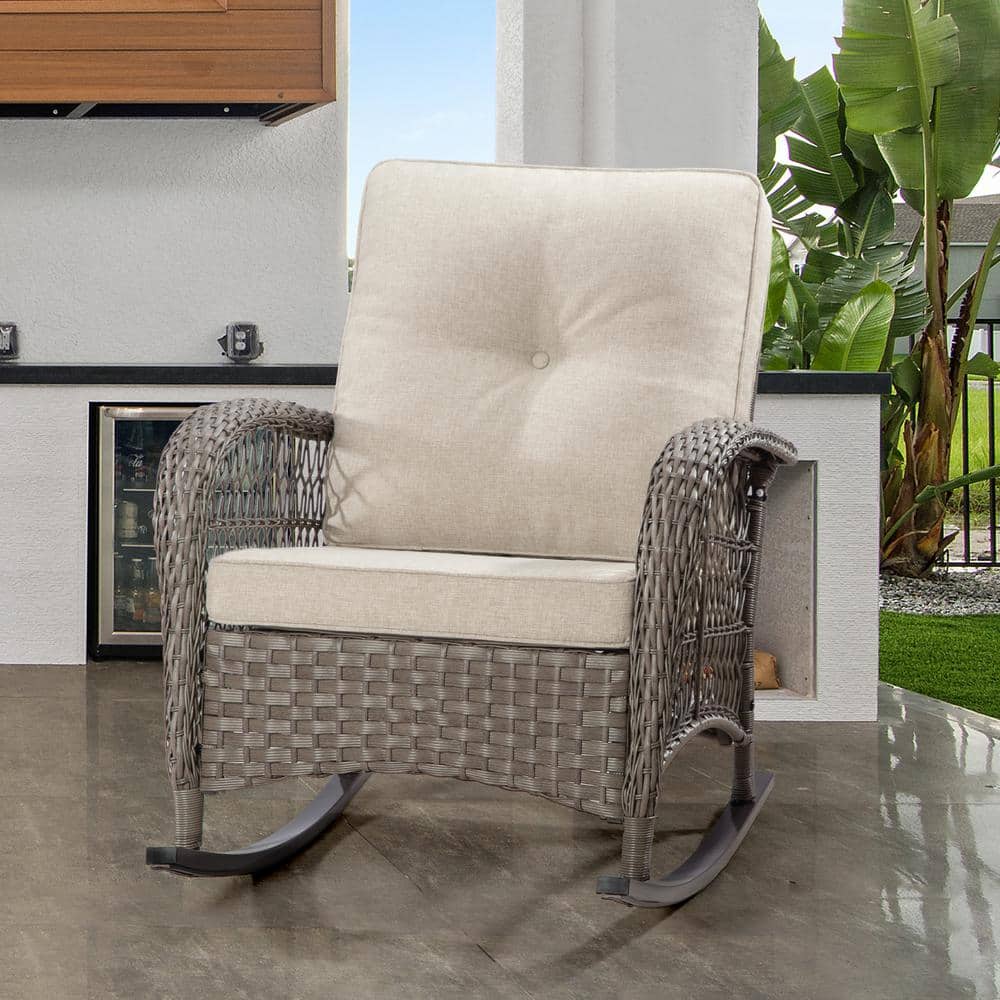 JOYSIDE Wicker Outdoor Rocking Chair Patio with Beige Cushion (1-Pack ...