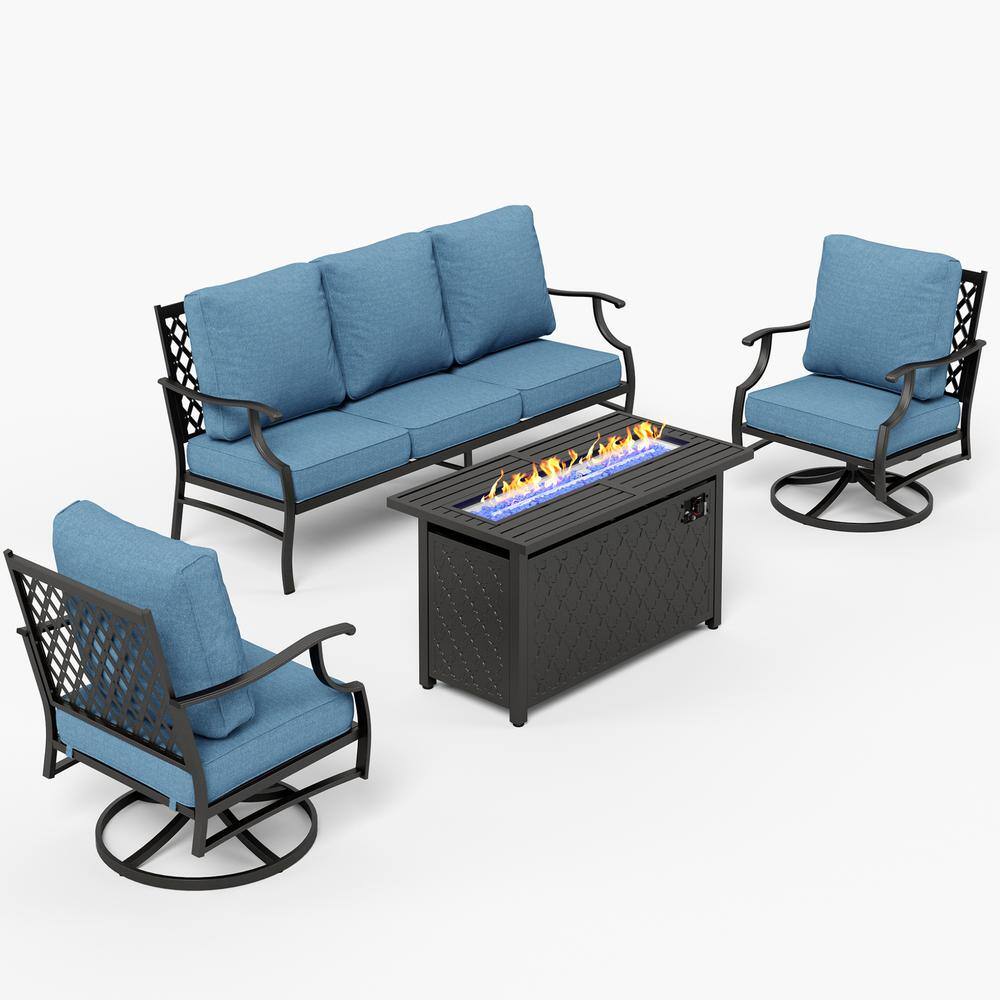 PHI VILLA Black Metal Meshed 5 Seat 4-Piece Steel Outdoor Fire Pit ...