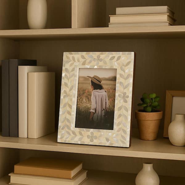 Liv & Skye Ivory 4 in. x 6 in. Resin Mother of Pearl Inlay Vine Photo ...