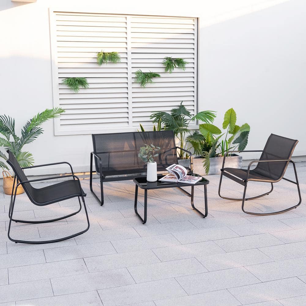 FORCLOVER 4-Piece Metal Patio Conversation Set with Glass-Top Table HYM ...