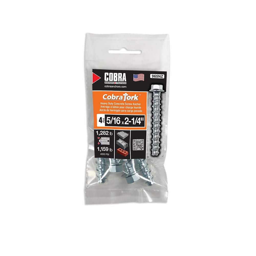 Cobra Anchors Cobra Tork 5/16 in. x 2-1/4 in. Zinc Plated Concrete Screw Anchors (4-Pack) 965NZ ...