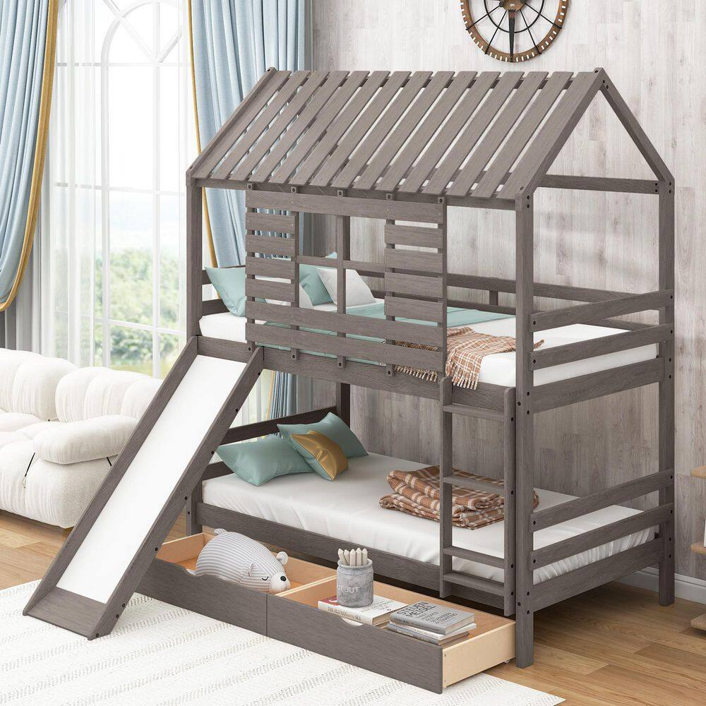 GOJANE Antique Gray Twin Over Twin Size House Bunk Bed with Convertible ...