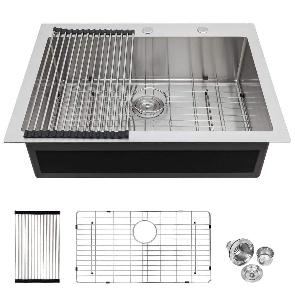 YSQCAR 33 in. Drop-in Single Bowl 16 Gauge Brushed Nickel Stainless ...