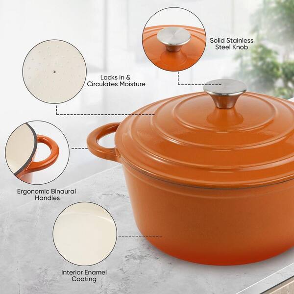 PRIMEPLUS Enameled 6 qt. Round Cast Iron Dutch Oven in Orange with Lid ...