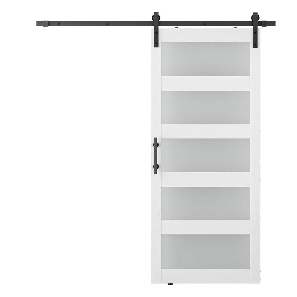 GOLDENPOLEY 34 in. x 84 in. 5-Lite Frosted Glass White Finished MDF Sliding Barn Door with ...